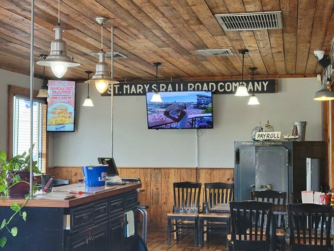 Wooden ceiling beams and simple décor let you know you're in a place that prioritizes what's on your plate over what's on the walls.