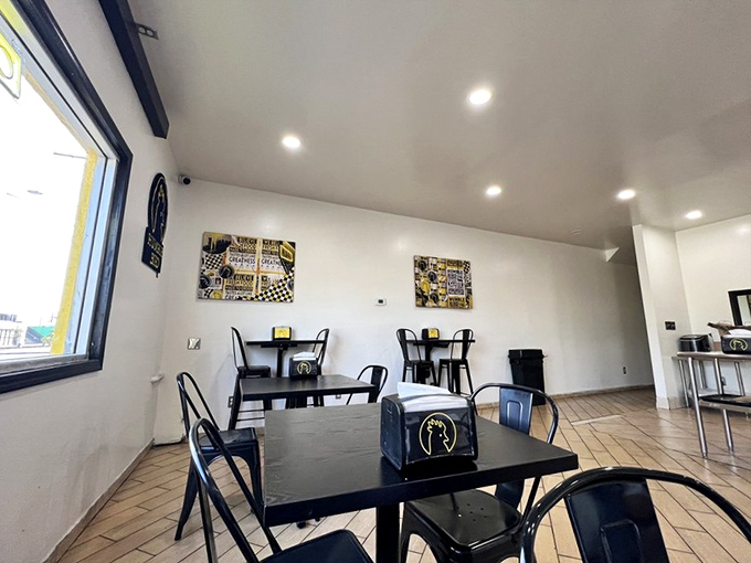 Simple, functional, and focused—the dining area offers no distractions from the main event happening on your plate and in your mouth.