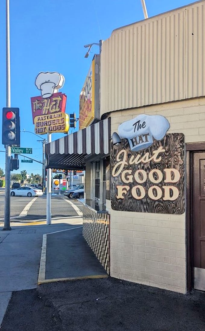 "Just Good Food" might be the understatement of the century—this modest claim on the building's exterior hides sandwich greatness within.