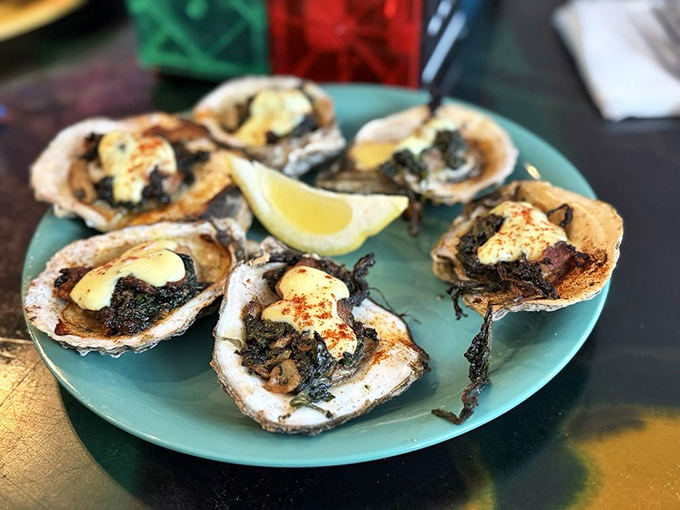 Oysters Rockefeller dressed for success with spinach and cheese. These mollusks didn't just go to college—they graduated with honors.