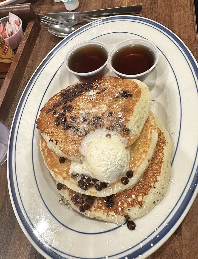 These pancakes don't just have chocolate chips—they've entered into a committed relationship with them. True breakfast love.
