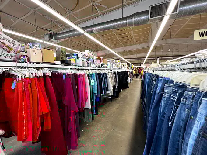 The clothing aisles create a textile canyon of possibilities – red on the left, blue on the right, bargains straight ahead.
