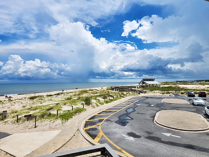 The view from above reveals the perfect marriage of pristine beaches and thoughtful infrastructure—civilization meets wilderness on good terms.