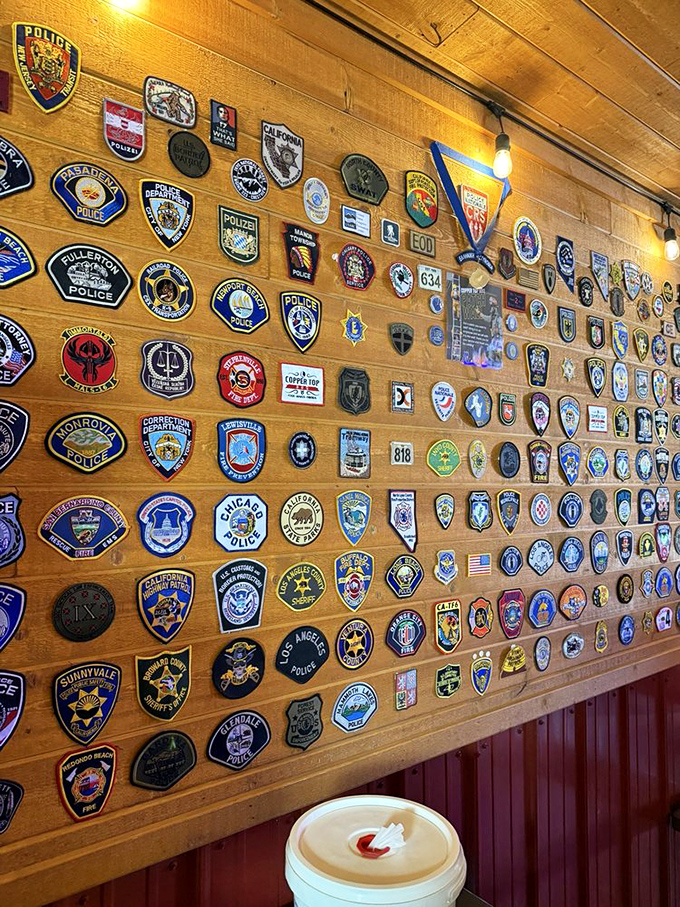 Each patch represents a visitor who came for the meat and left a piece of themselves behind. This wall is basically a barbecue hall of fame.