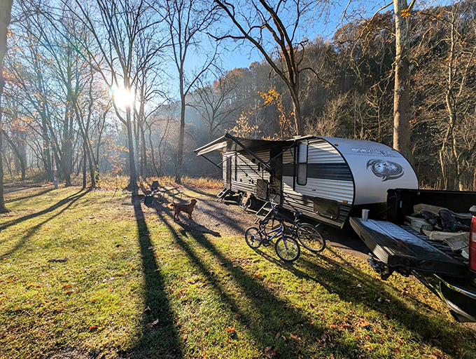 
Morning light creates dramatic shadows as a travel trailer becomes temporary home, proving that luxury isn't about square footage but rather million-dollar views. 