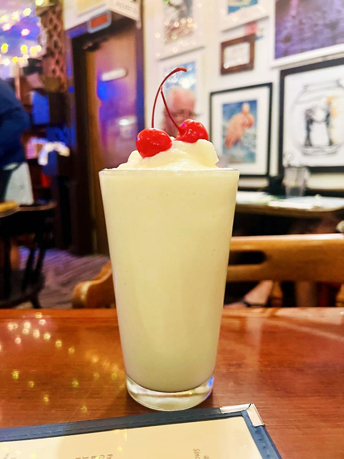 A Key lime colada topped with cherries – vacation in a glass. One sip and you'll forget all about your inbox back home.