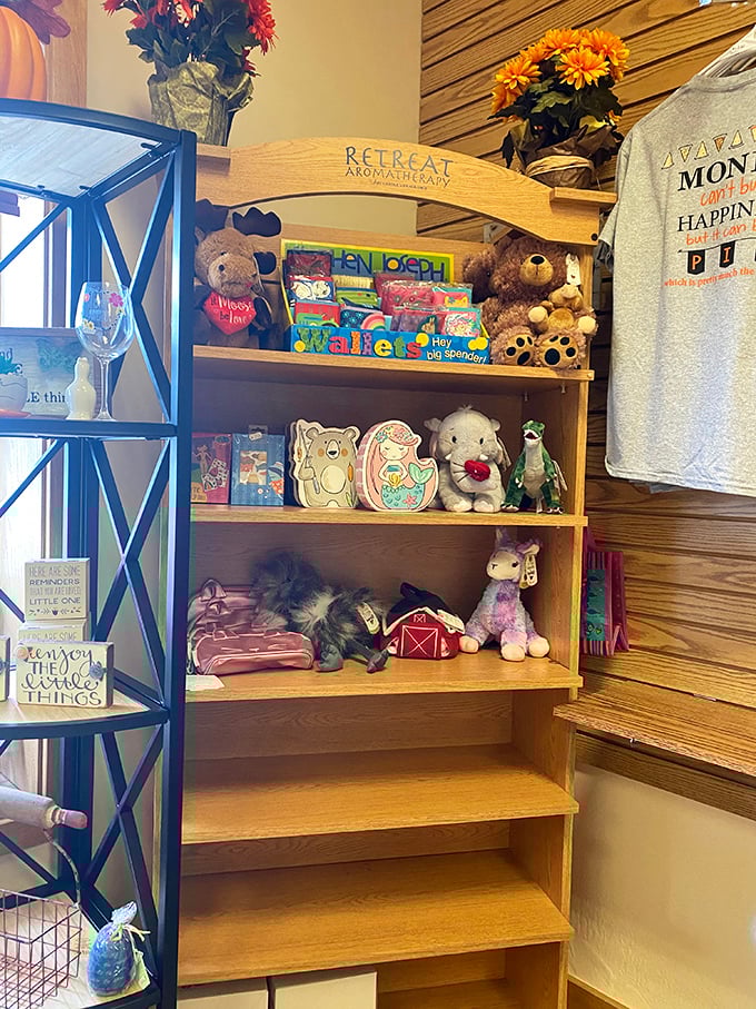 Even the gift section embraces homestyle charm—stuffed animals and country decor for those rare moments when you're not eating pie.