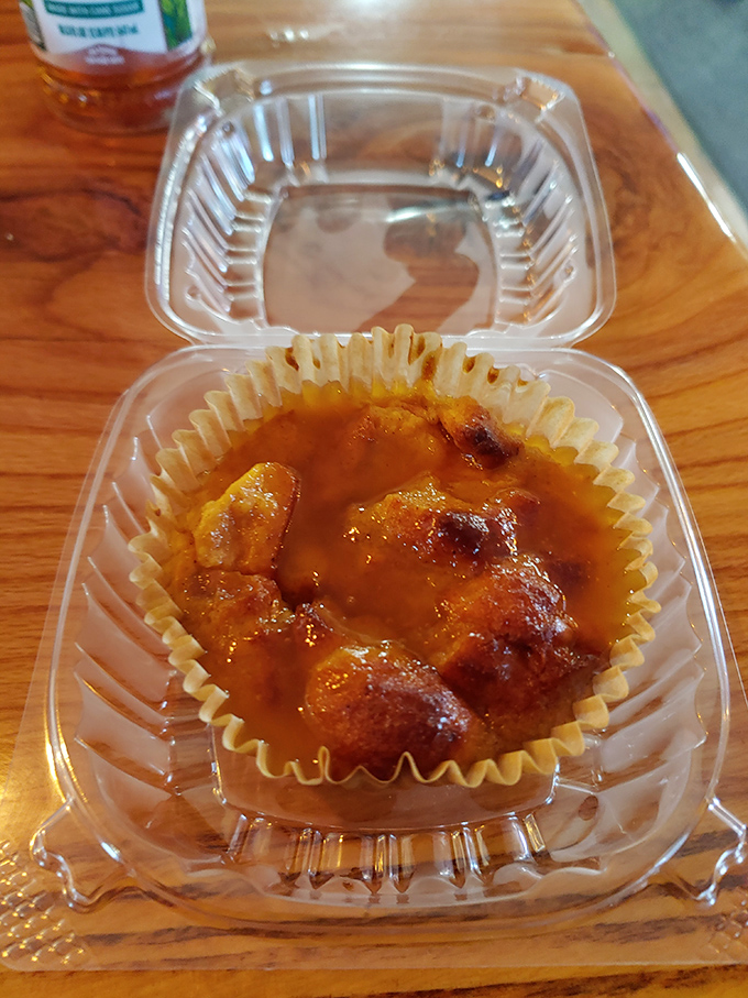 Bread pudding that grandma would approve of, swimming in a caramel sauce that should be illegal in at least seven states.