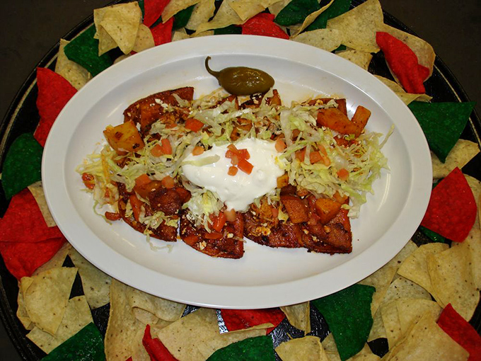 Enchiladas surrounded by a moat of tri-color chips—like a delicious fortress protecting its cheesy treasure from fork-wielding invaders.