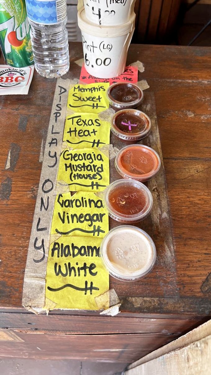 The sauce flight is like a tour of America's BBQ regions without leaving your table. From Alabama White to Texas Heat—choose your adventure!