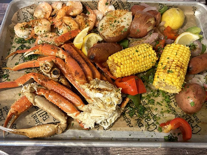 A seafood platter that's not just a meal but a celebration—where crab legs, shrimp, and corn on the cob create a symphony of coastal flavors.