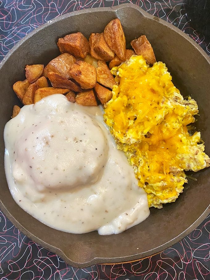 A skillet breakfast where the cheese, potatoes, and eggs have formed a delicious pact to make your morning absolutely perfect.