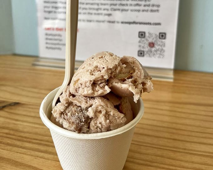 A scoop that demands contemplation. This isn't just dessert—it's a moment of pure joy captured in a biodegradable cup.