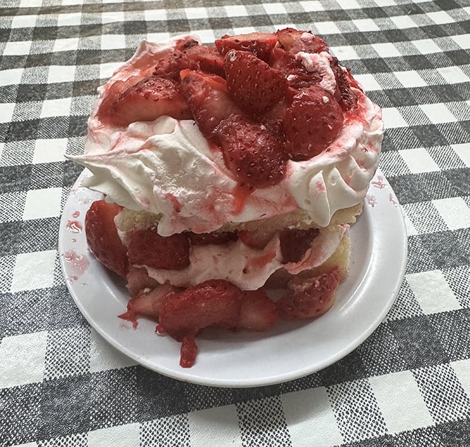 Strawberry shortcake that defies gravity and restraint. This isn't dessert—it's a structural engineering marvel with whipped cream mortar.