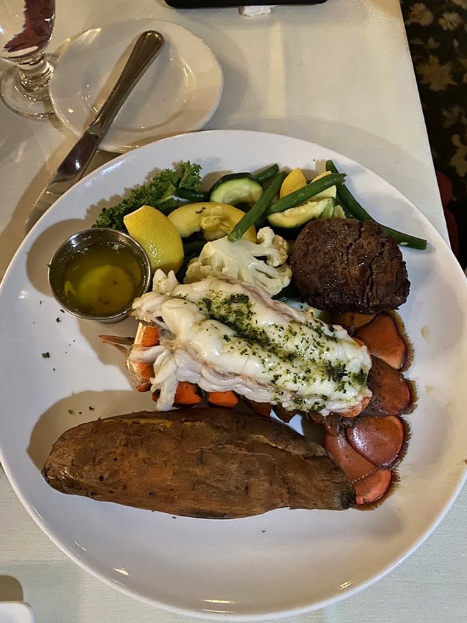 The ultimate land and sea alliance: tender filet, sweet lobster, and a supporting cast of vegetables that aren't just there for color.