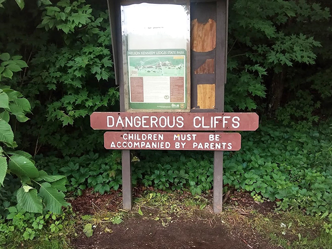 Warning signs remind visitors that Mother Nature doesn't childproof her most spectacular creations—parental supervision and common sense required.
