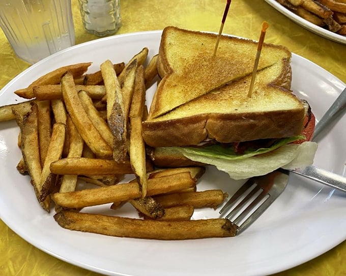 This sandwich isn't just cut in triangles—it's engineered for maximum crunch-to-filling ratio, with fries standing by as golden backup dancers.