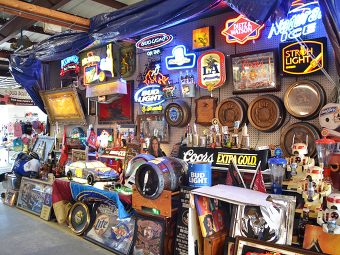 Racing memorabilia and neon signs create a nostalgic shrine to America's love affair with speed and style.