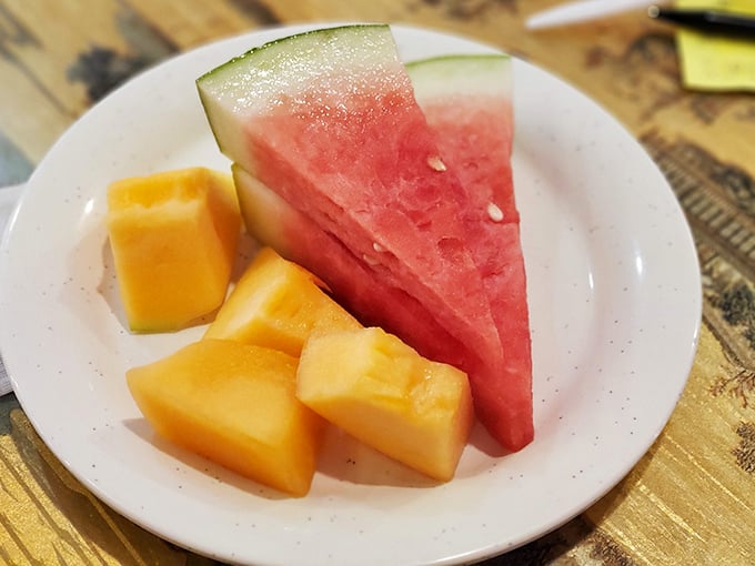 Nature's perfect dessert – juicy watermelon and cantaloupe cubes offer a refreshing finale to a feast of epic proportions.