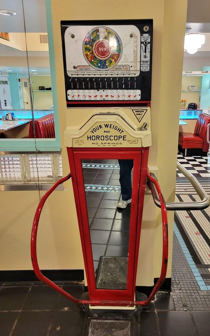 "Your Weight and Horoscope"—because nothing says "1950s fun" like a machine that tells your fortune right after revealing your weight.