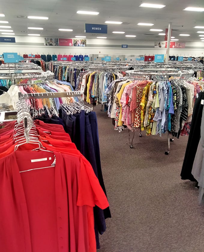 The women's section stretches to the horizon like a fabric sea. Somewhere in this rainbow of polyester and cotton lurks the perfect outfit for your next dinner party.