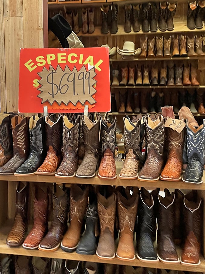 Boot scootin' bonanza! These exotic leather cowboy boots aren't just footwear—they're wearable Texas sculptures at prices that'll make your wallet smile.