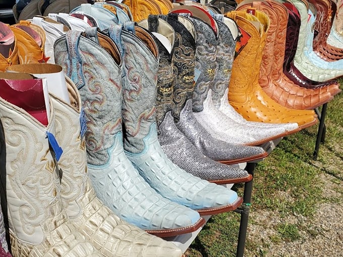 Cowboy boot boulevard! These aren't just footwear—they're wearable art pieces with stories waiting to be continued by their next owner.
