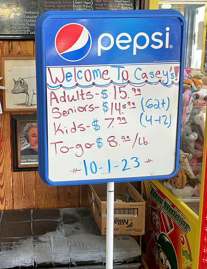 The price board tells you everything you need to know—this place values feeding you well without emptying your wallet. Southern hospitality in numeric form.