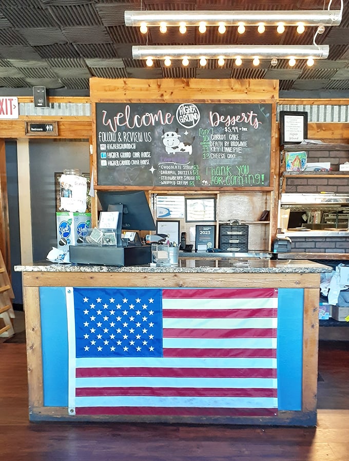 The welcome counter, where culinary dreams begin and diet plans go to die. That American flag says it all—this is patriotic eating at its finest.
