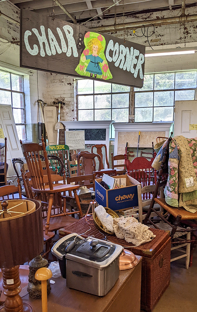 "Chair Corner" might be the most honest retail sign in America. No fancy marketing needed when you've got solid wood rockers with stories to tell.
