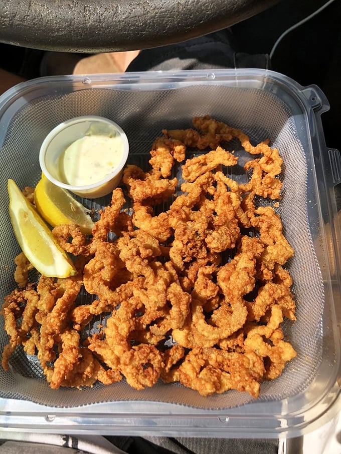 Clam strips so perfectly fried they'll make you forget every rubbery, disappointing version you've ever had. The lemon wedge isn't optional—it's essential.