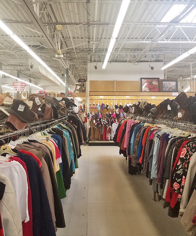 Leather jackets and winter coats hang like trophies, each with a past life and future potential waiting for the right shopper.