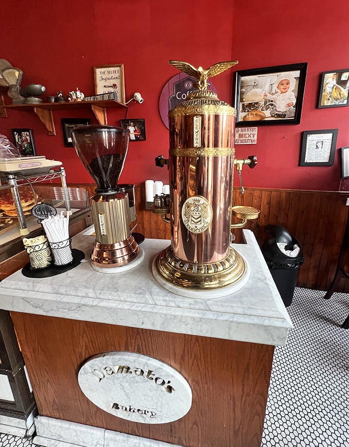 That gleaming copper espresso machine isn't just equipment; it's the beating heart of the bakery. Coffee served with Italian pride and Chicago efficiency.