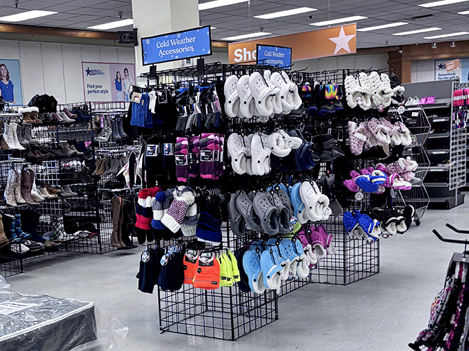 The shoe section rivals new retailers in variety but beats them handily in price – from casual sneakers to dressy options all neatly displayed.