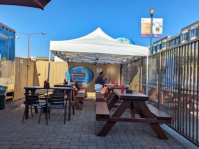 A glimpse of the dining area reveals the democratic nature of truly great food—everyone from tourists to tech workers united by the universal language of perfectly fried fish.