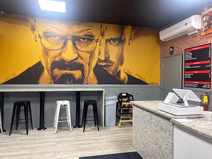 The Breaking Bad mural adds unexpected drama to your dining experience. Walter White would definitely approve of this chemistry of flavors.