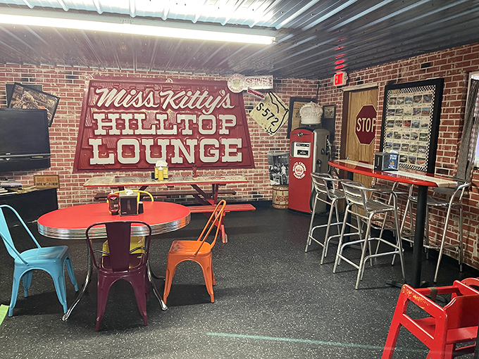 This isn't just another dining area—it's "Miss Kitty's Hilltop Lounge," where colorful chairs invite you to sit and stay awhile. Retro never tasted so good. 