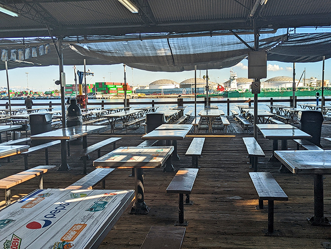 Waterfront dining with industrial chic – where shipping containers and fishing boats provide the perfect backdrop for seafood indulgence.