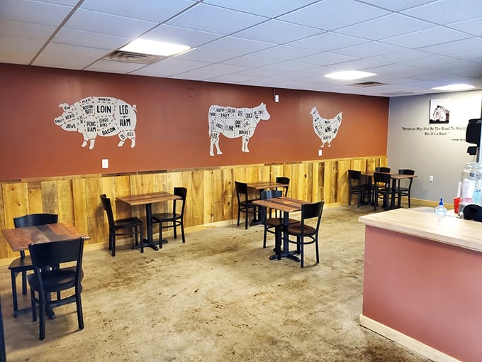 Butcher diagrams on the walls remind you where your meal began—a transparent homage to the craft behind great barbecue.