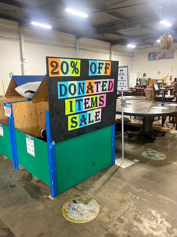 Donated treasures lined up like contestants on a game show where everyone's already a winner.