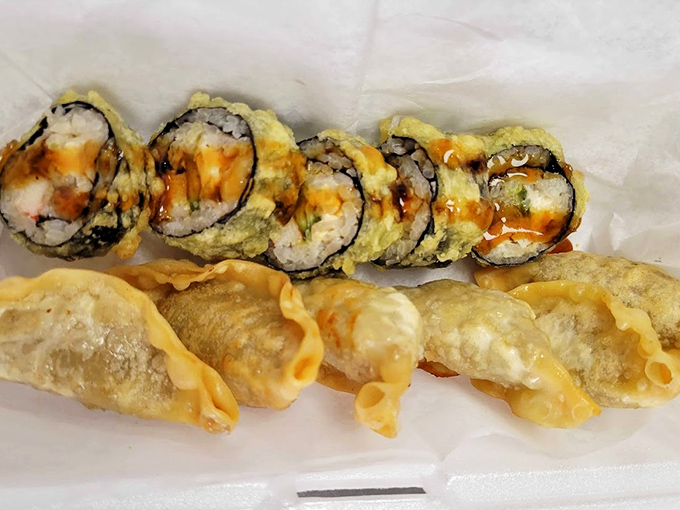 Crispy fried rolls and fresh sushi create an unexpected fusion that somehow works absolutely perfectly.