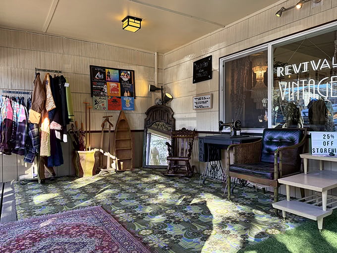 Sunlight streams through windows onto vintage furniture vignettes that whisper, 