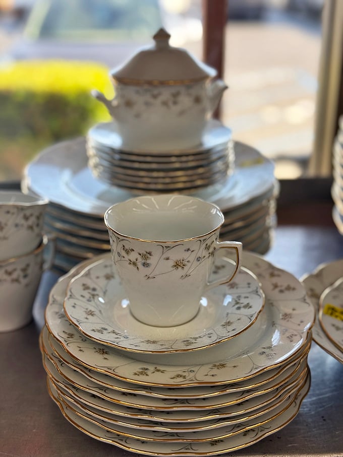 Delicate china patterns tell stories of dinner parties past. These elegant place settings await new tables and new memories.