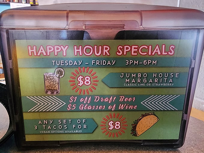 Happy hour heaven! Three tacos for $8 and jumbo margaritas? This isn't just a deal – it's practically a public service.