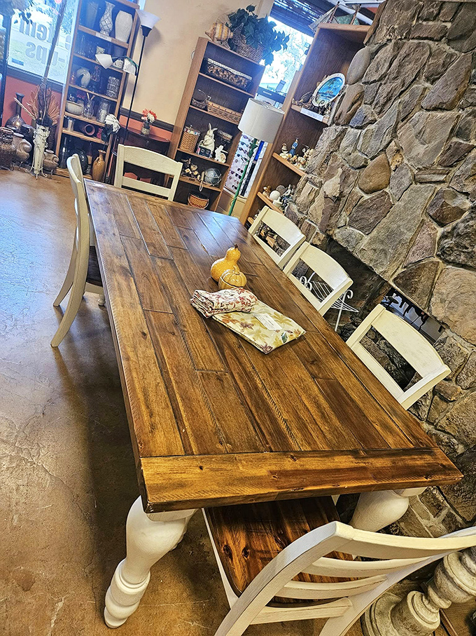 Farmhouse chic meets practical dining in this substantial wooden table. Someone's dinner conversations are about to get a whole lot more stylish.