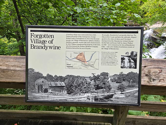 The "Forgotten Village of Brandywine" sign tells tales of a bygone era. History doesn't disappear here—it just changes form, like the water itself.