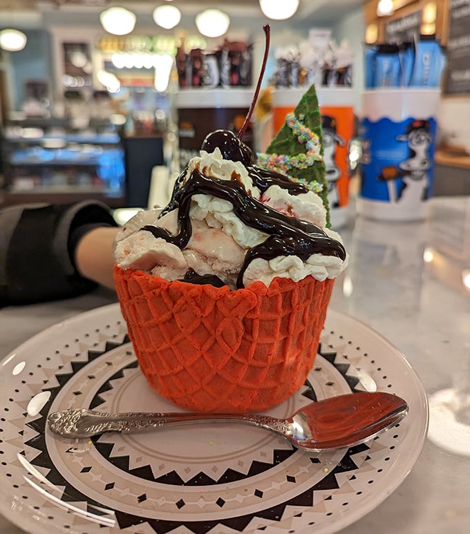A waffle bowl that's actually worth eating – cradling ice cream and toppings like a proud parent showing off exceptionally talented children.