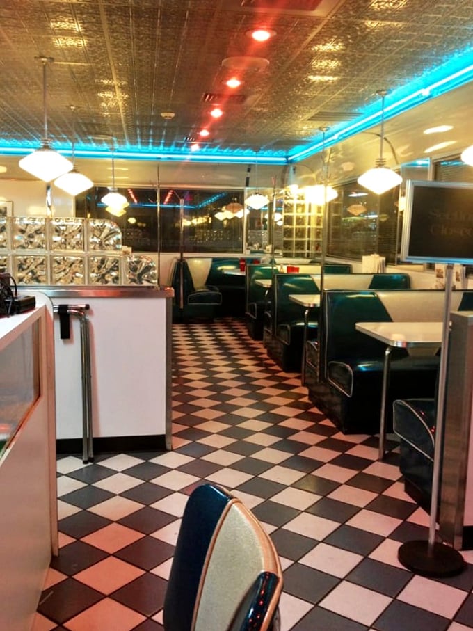 The neon blue lighting isn't just ambiance—it's the diner's way of saying "we were Instagram-worthy decades before Instagram existed."