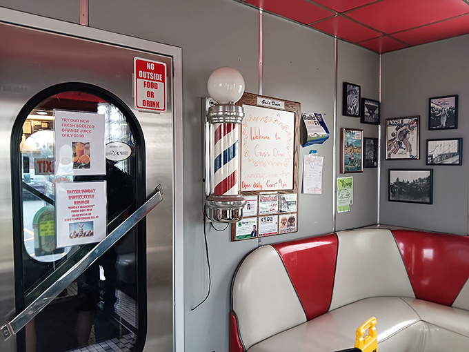 The classic barber pole and "No Outside Food" sign remind you this isn't just a restaurant – it's a carefully preserved slice of Americana.