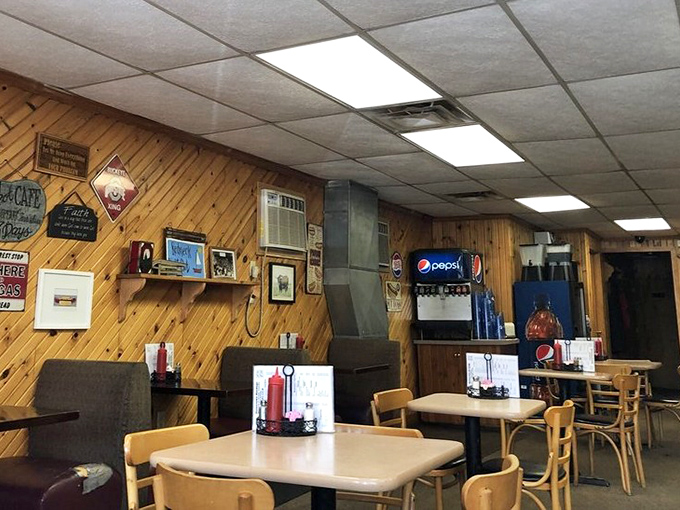 Simple tables, classic diner chairs, and a Pepsi machine—the holy trinity of authentic small-town eateries where memories are made.